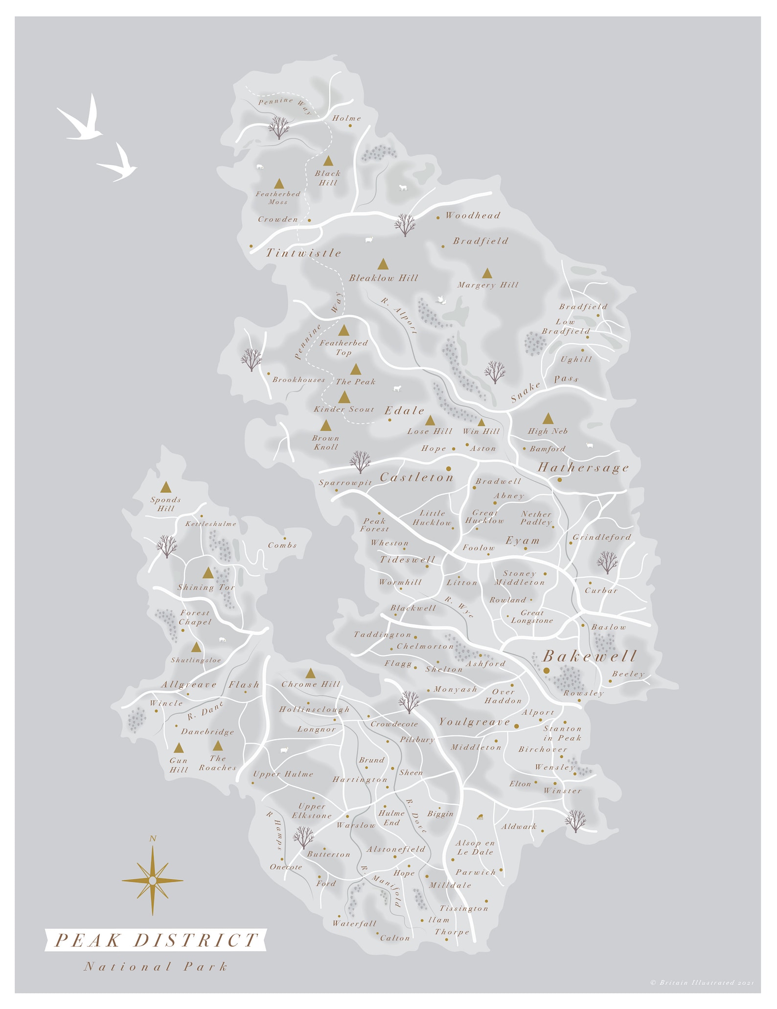 Framed Peak District Print. Peak District Illustrated Map Poster. Peak ...