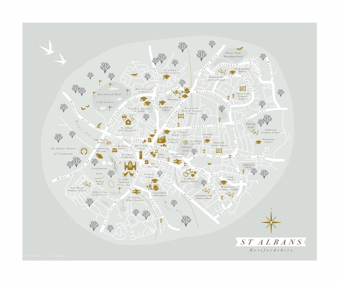 Unframed St Albans Map Print. Illustrated Map of St Albans, St Albans ...