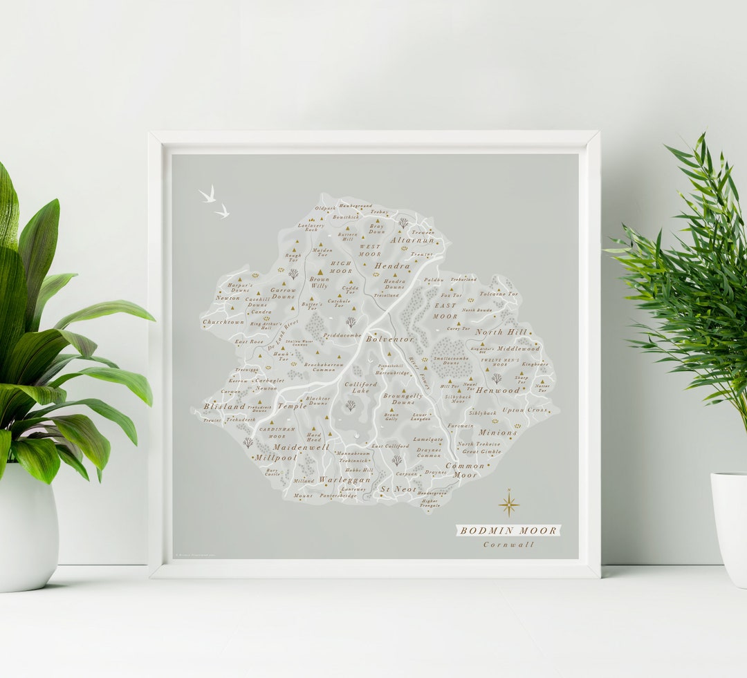 Framed Bodmin Moor Map Print. Illustrated Map of Bodmin Moor. Cornwall ...