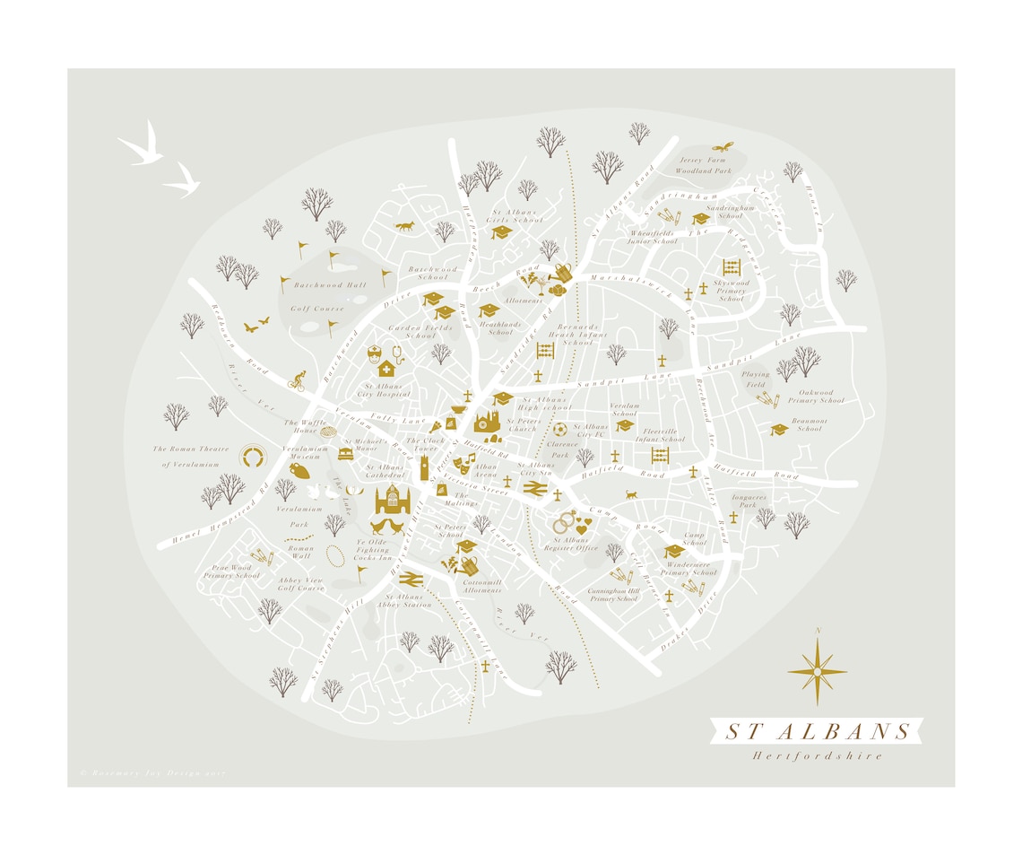 Framed St Albans Map Print. Illustrated Map of St Albans, St Albans ...