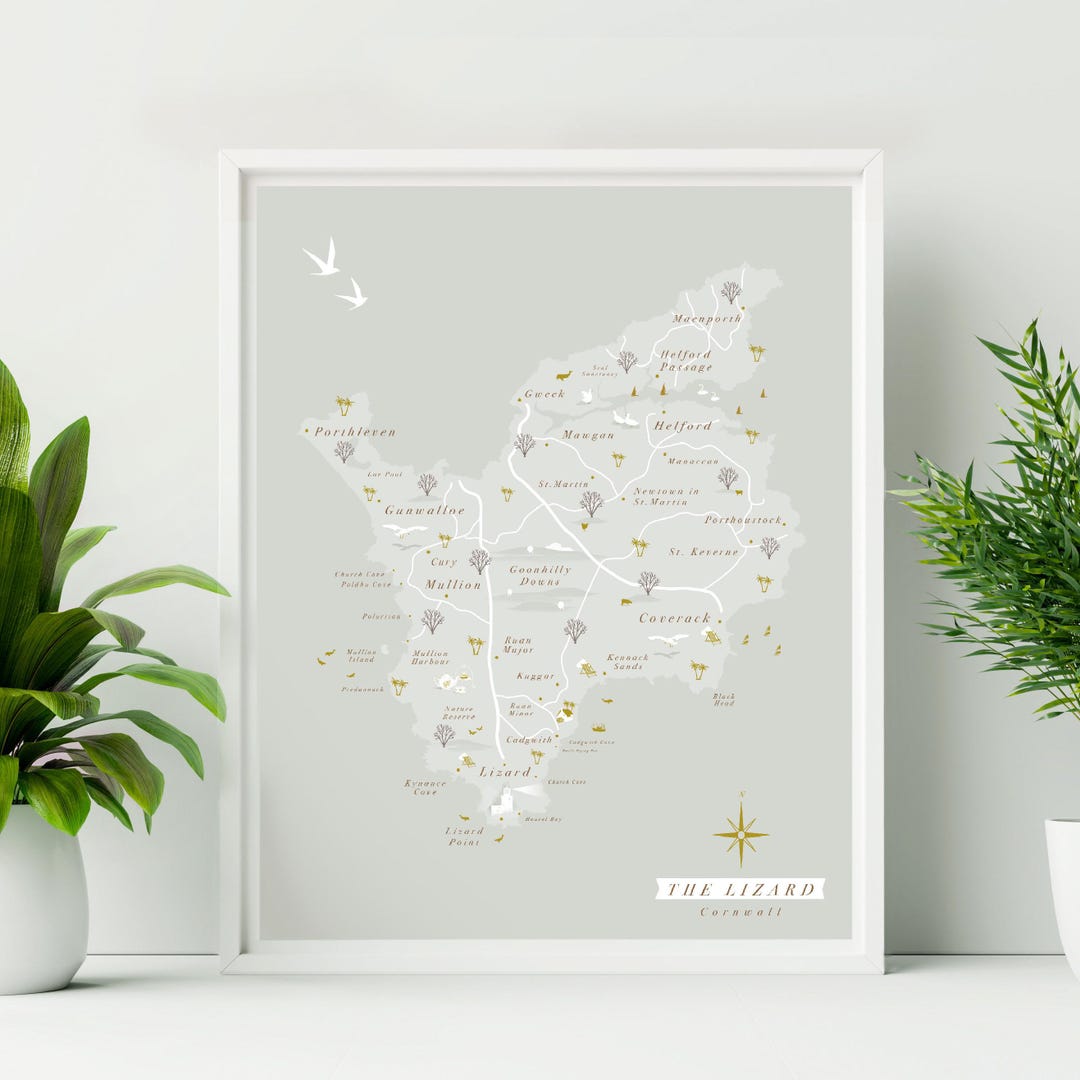 Unframed Lizard Peninsula Map Print, Lizard Peninsula Illustrated Map ...