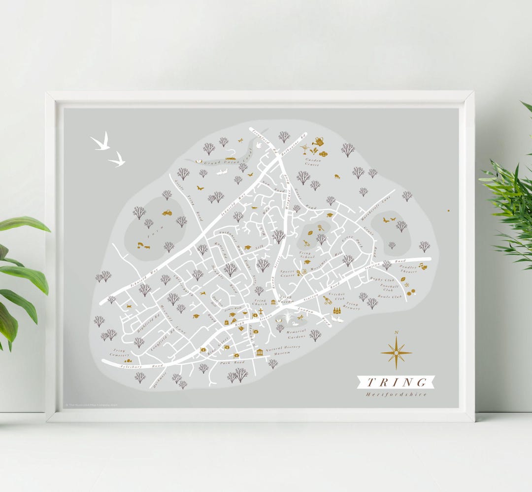 Framed Tring Map Print. Illustrated Map of Tring, Tring Wall Art. Tring ...