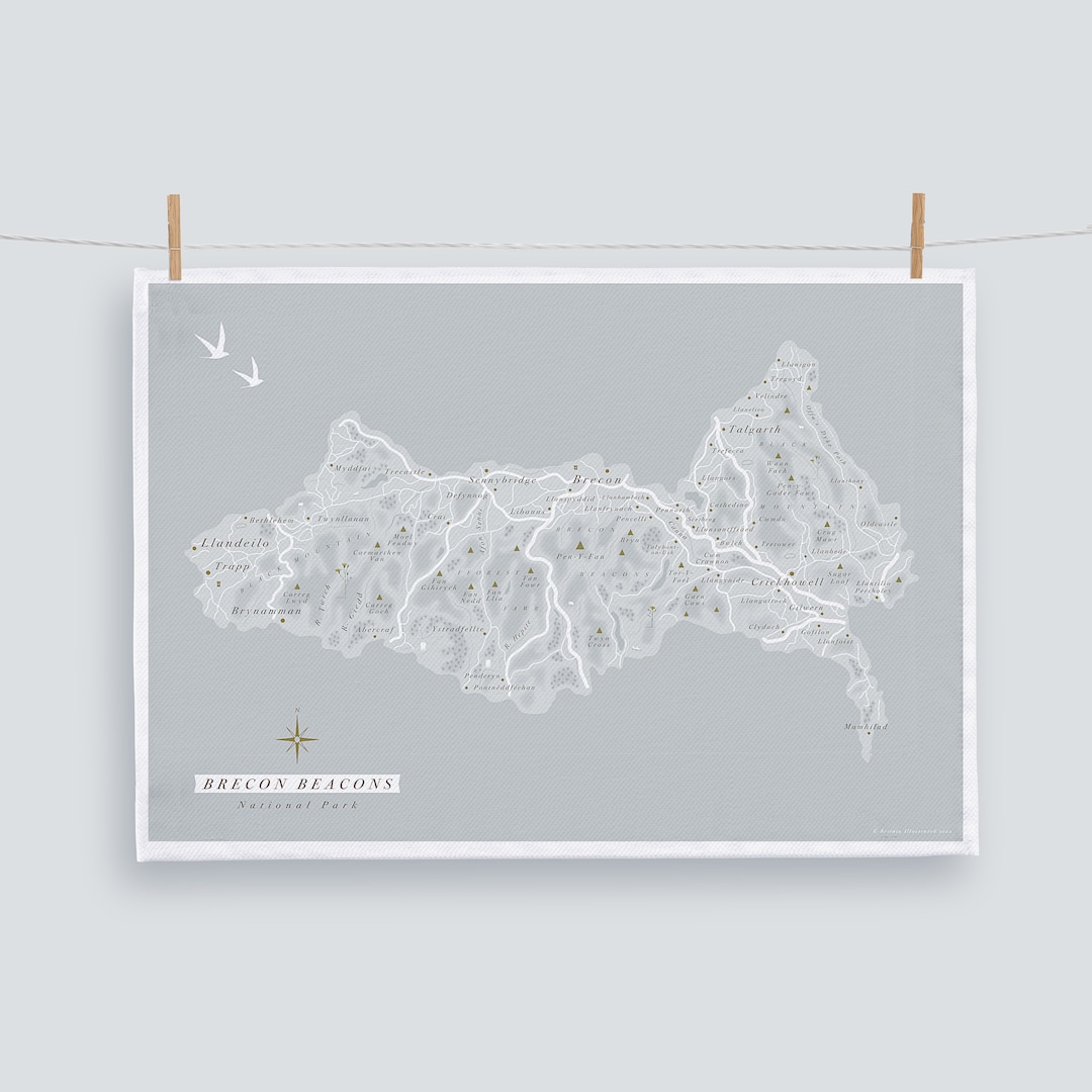 Brecon Beacons Map Tea Towel. 100% Cotton Tea Towel. 48 X 70cm. Brecon ...