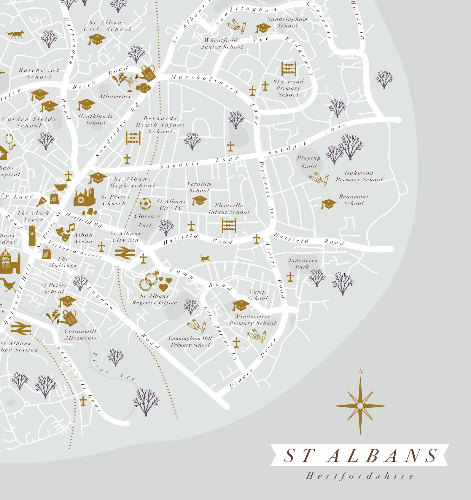 Unframed St Albans Map Print. Illustrated Map of St Albans, St Albans ...