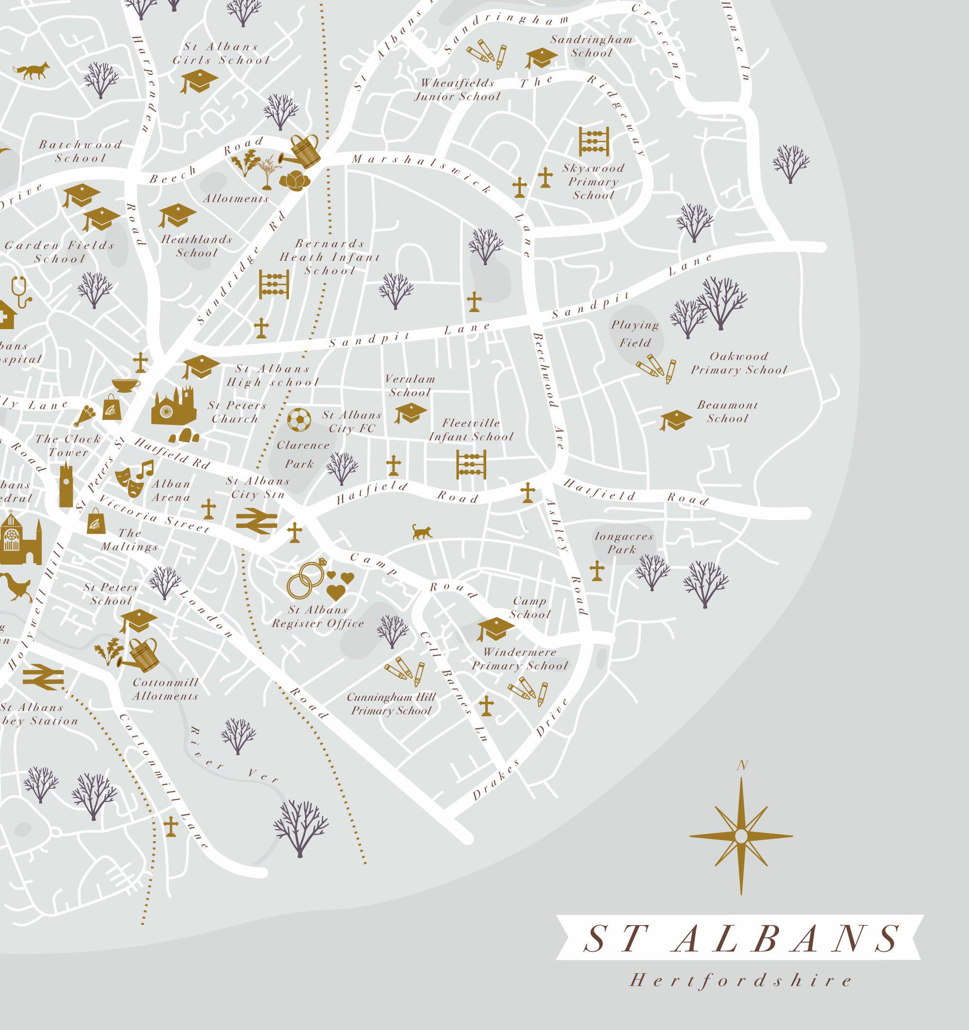 Unframed St Albans Map Print. Illustrated Map of St Albans, St Albans ...