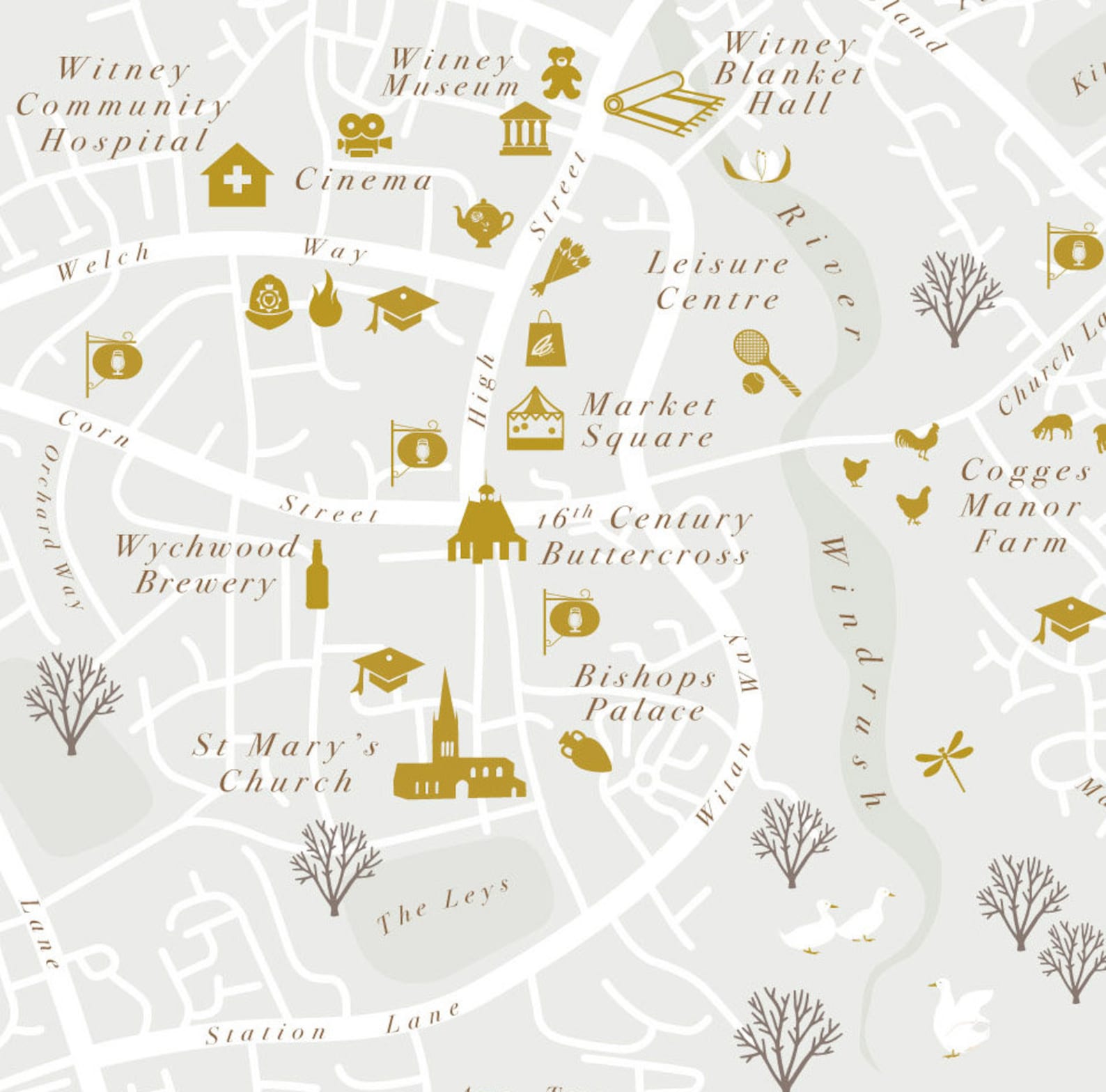 Framed Witney Map Print. Illustrated Map of Witney | Etsy
