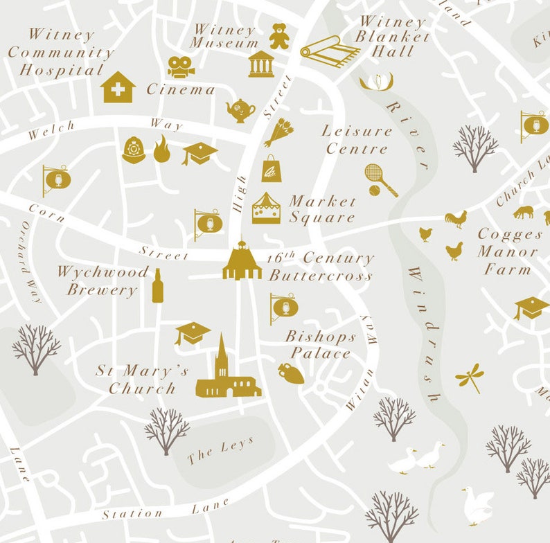 Framed Witney Map Print. Illustrated Map of Witney, Oxfordshire ...