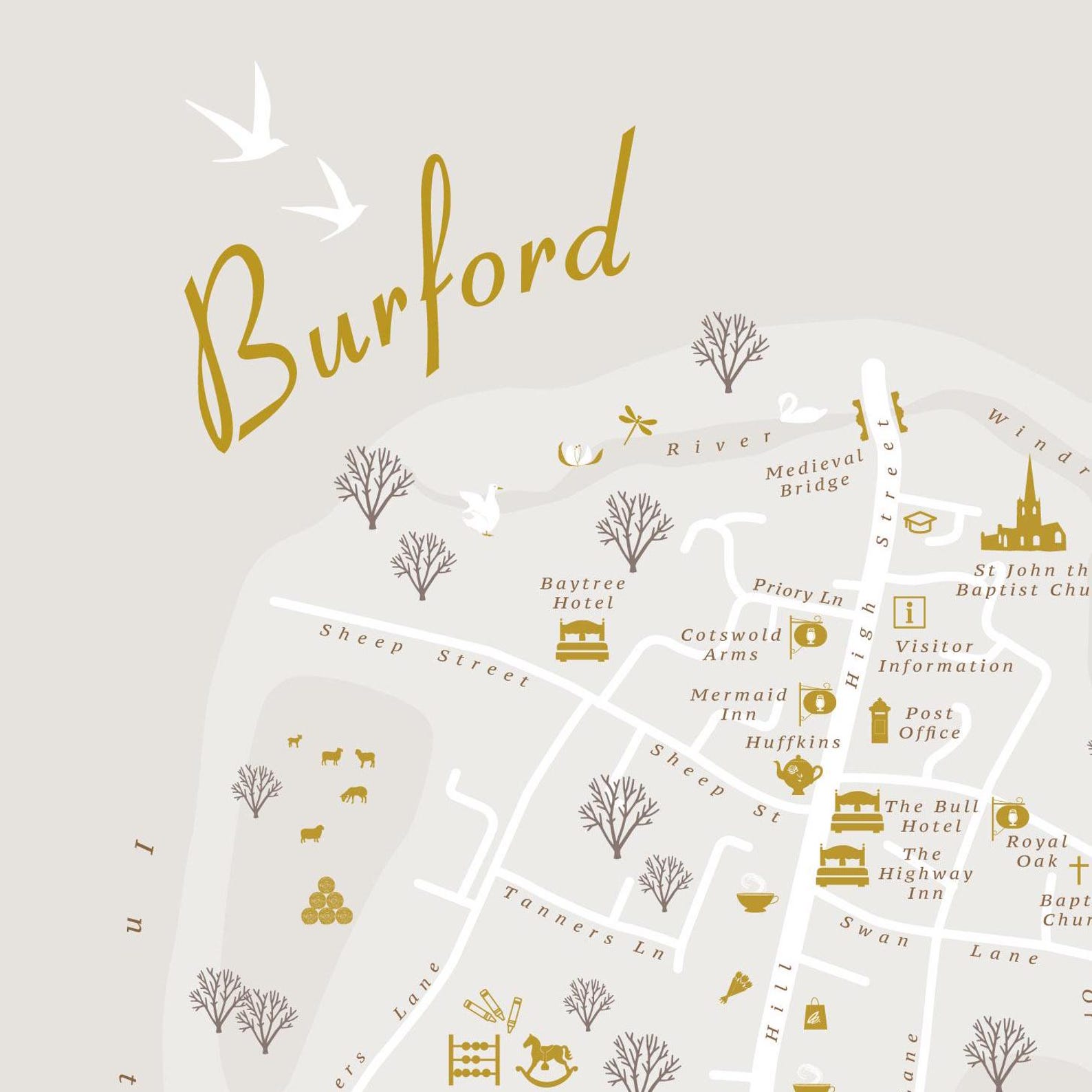 Unframed Burford Map Print. Illustrated Map of Burford, Cotswolds Art ...