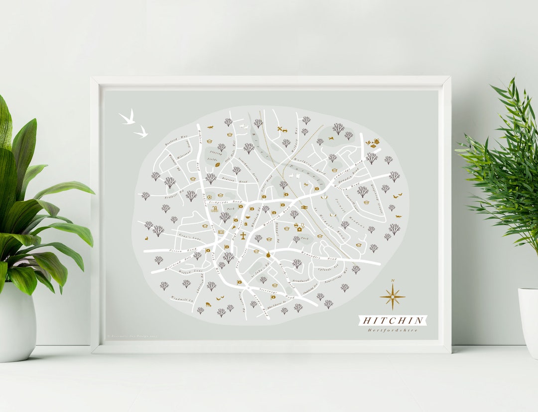 Framed Hitchin Map Print. Illustrated Map of Hitchin, Hertfordshire ...
