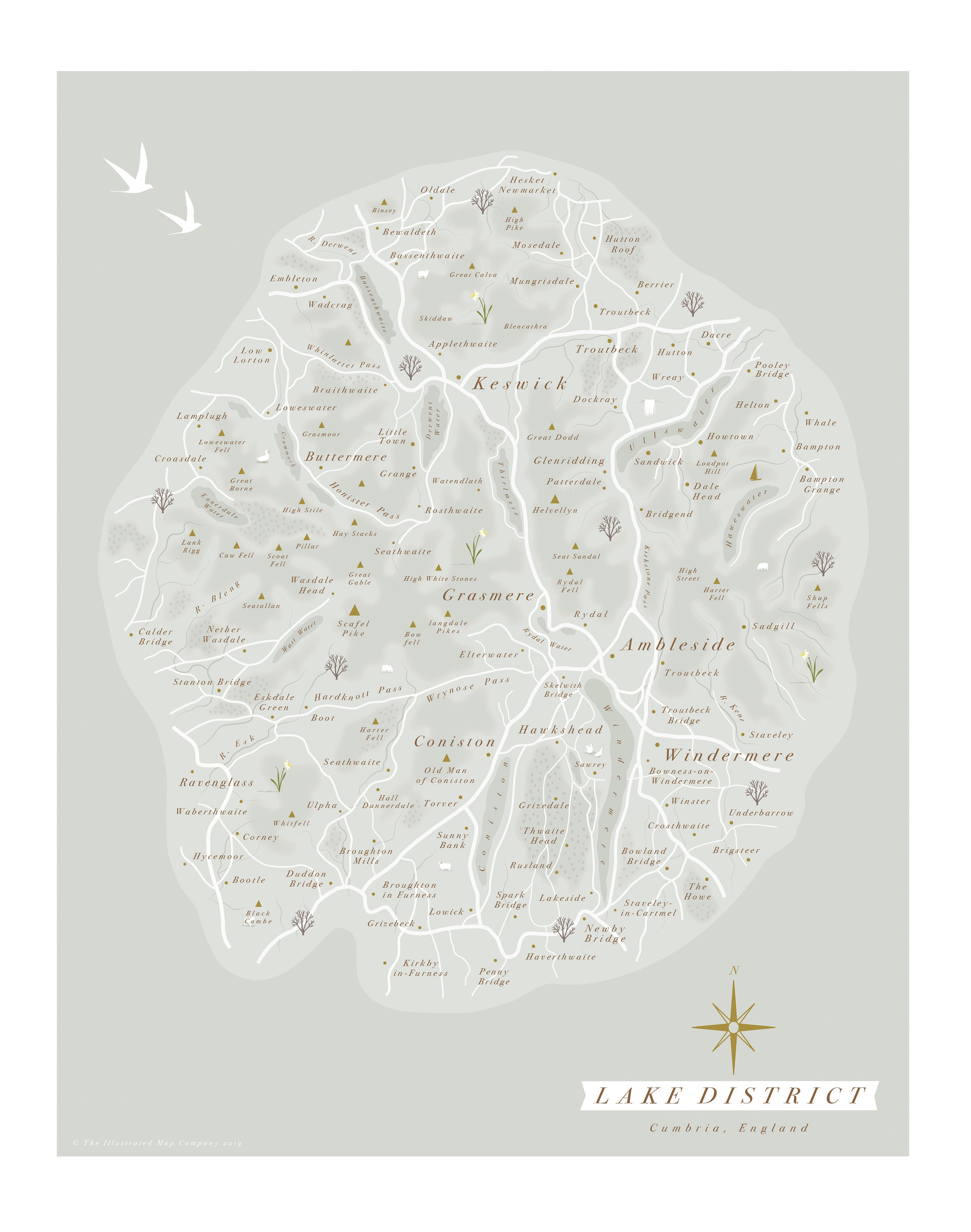 Framed Lake District Print. Lake District Illustrated Map. UK National ...