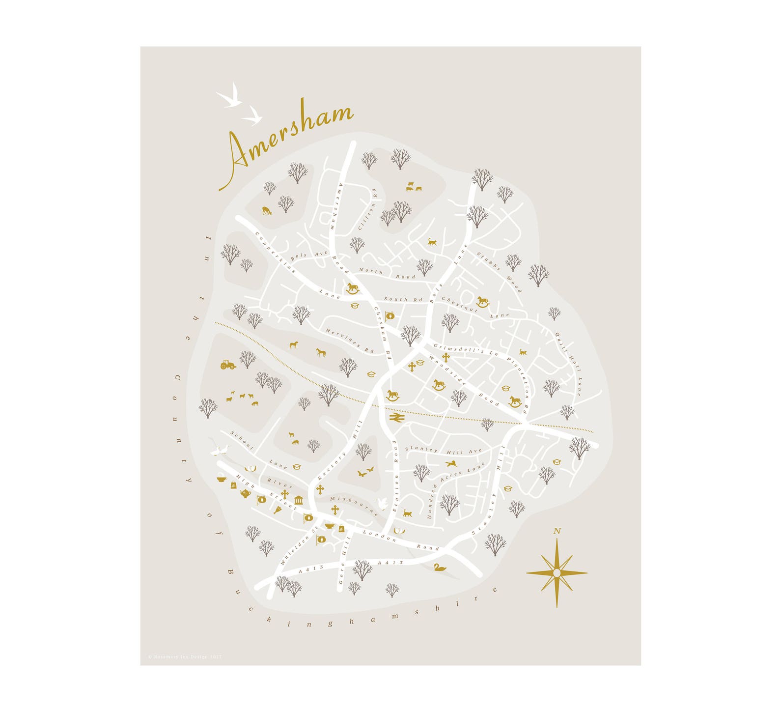 Framed Amersham Print. Illustrated Map of Amersham, Amersham Gift ...