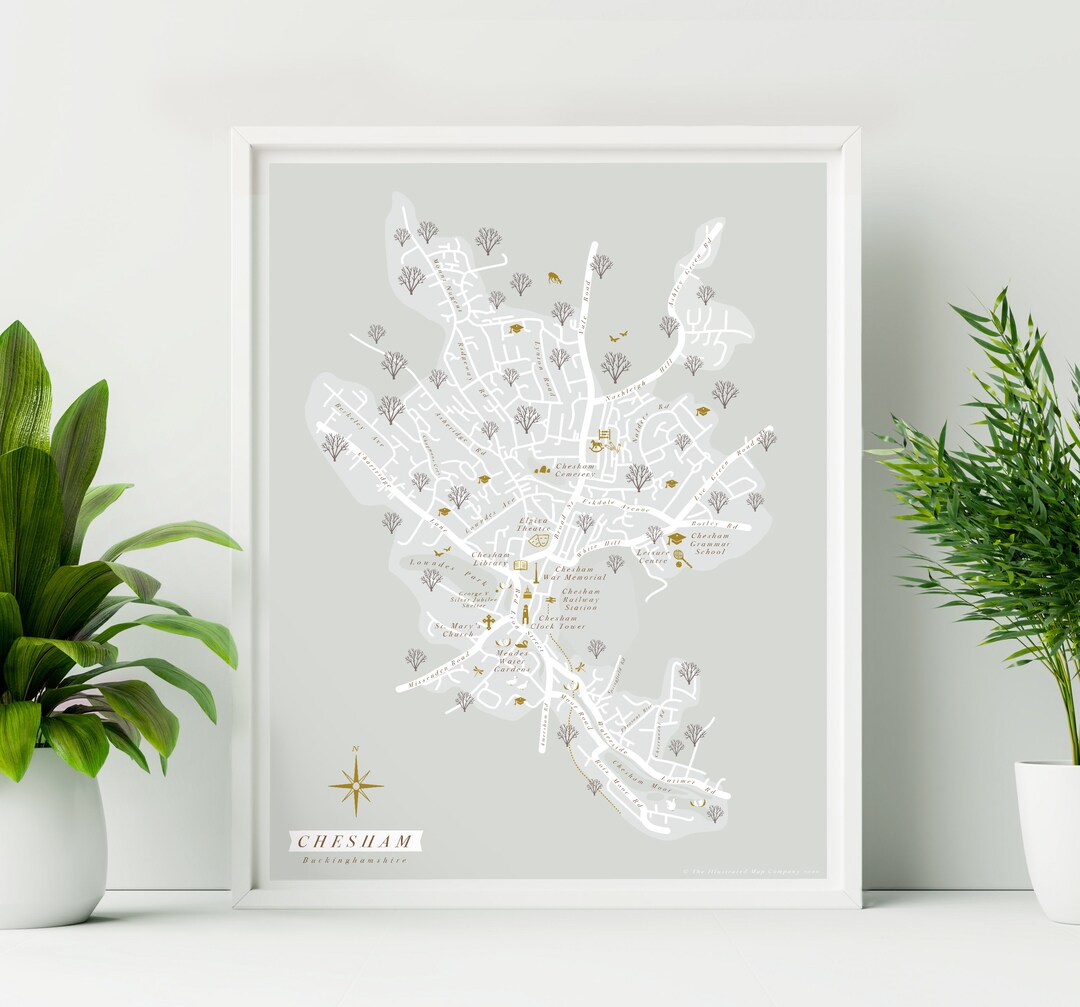 Framed Chesham Map Print. Illustrated Map of Chesham, Buckinghamshire ...