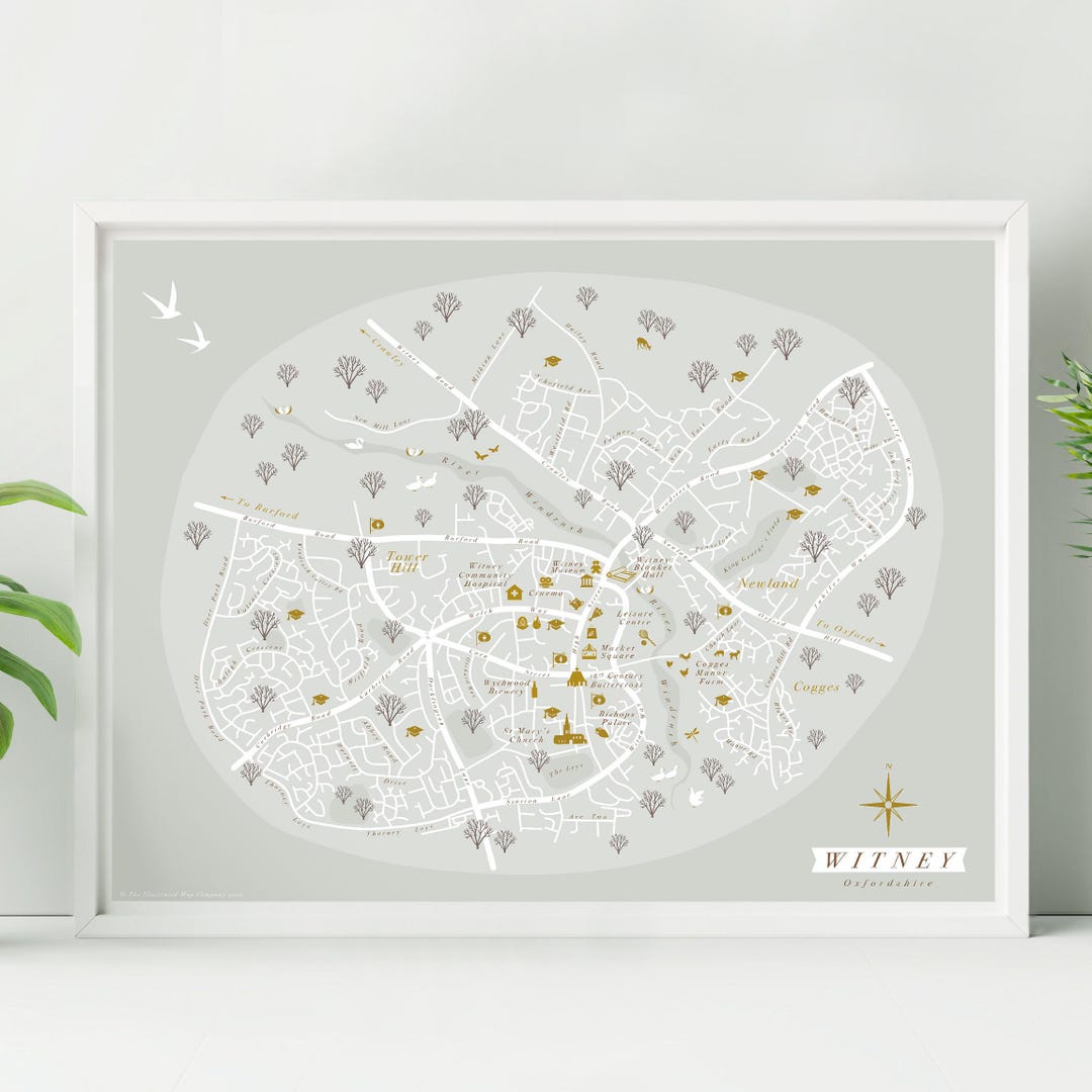 Framed Witney Map Print. Illustrated Map of Witney, Oxfordshire. Witney ...