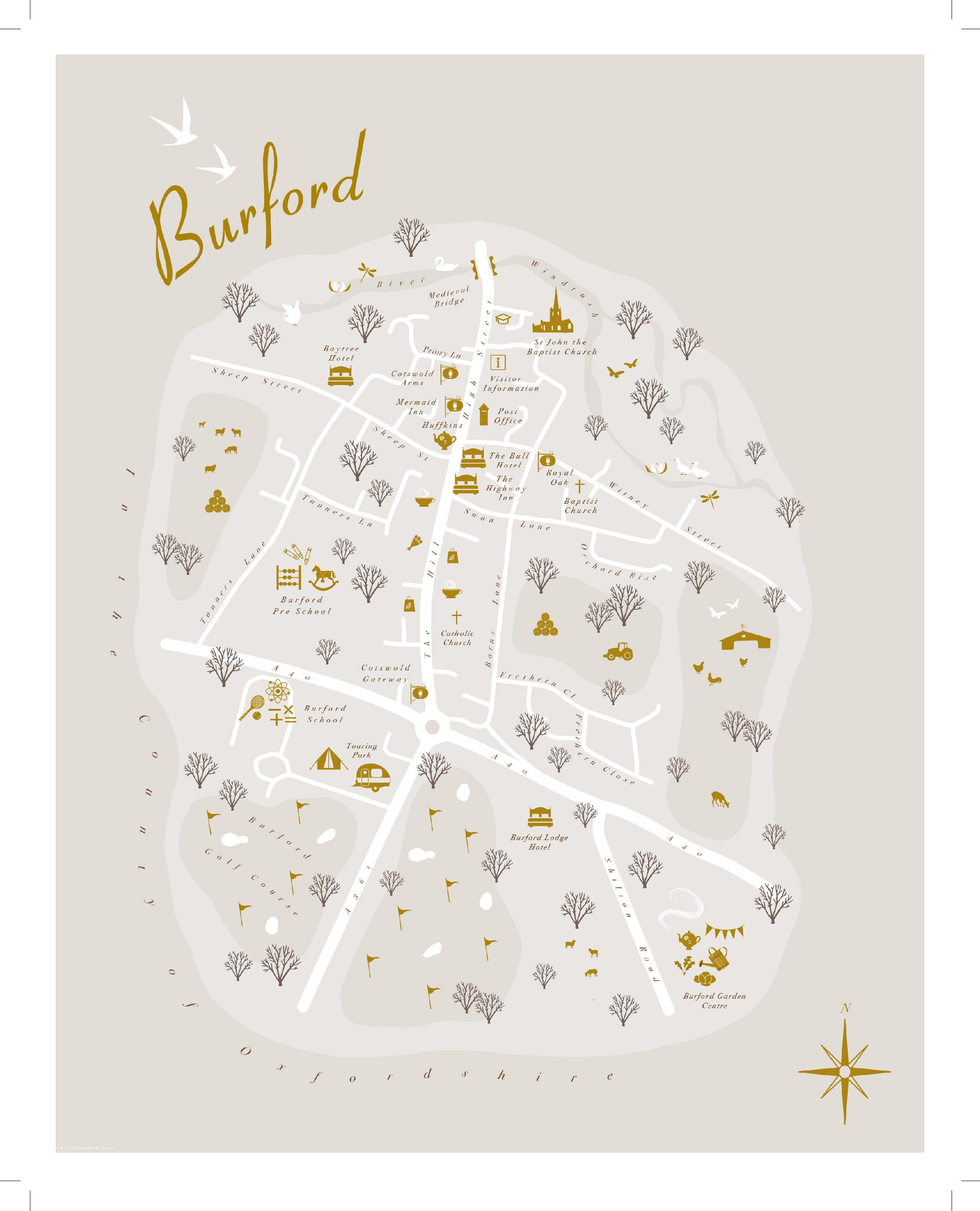 Unframed Burford Map Print. Illustrated Map of Burford, Cotswolds Art ...