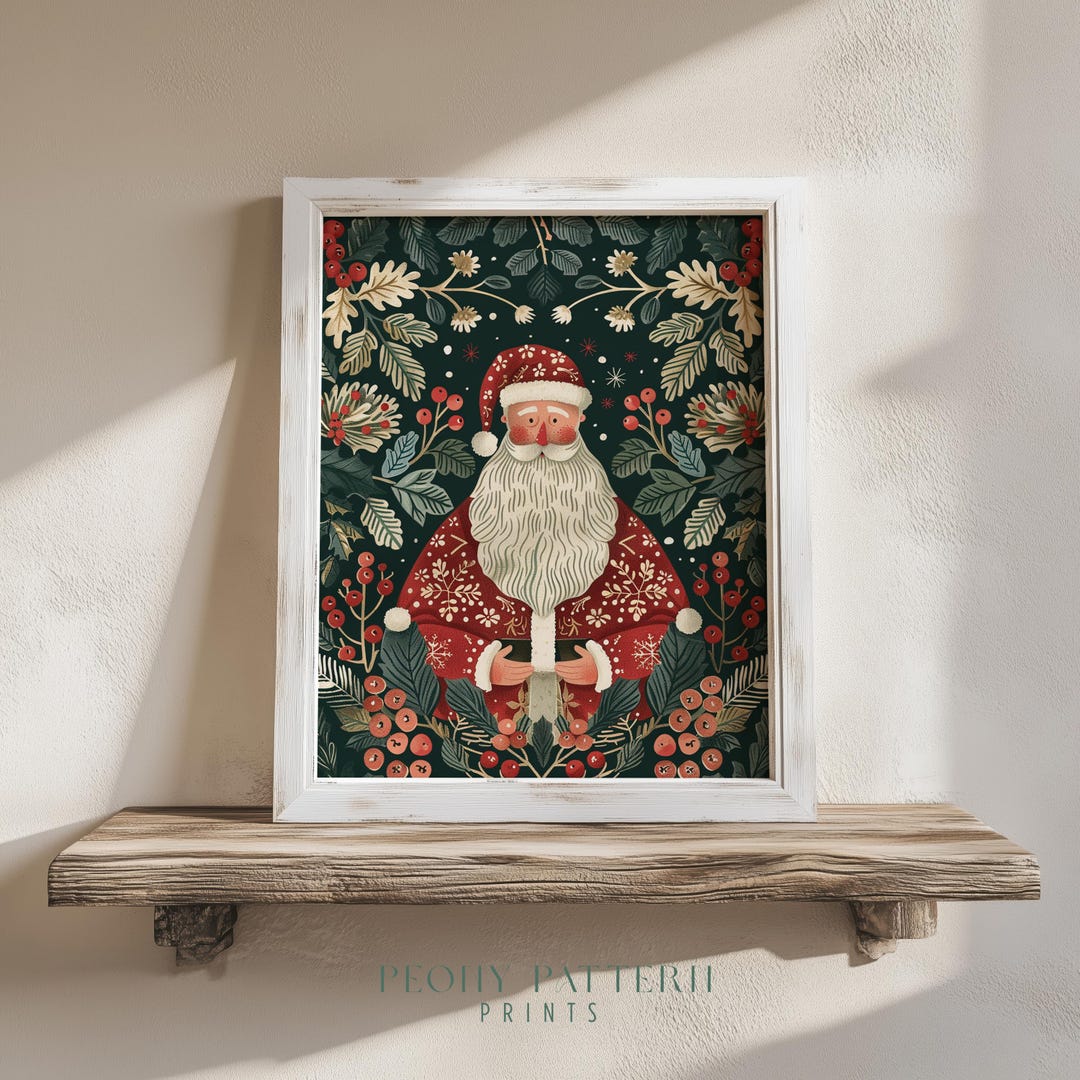 Scandi Folk Art Santa Print - Vintage Christmas Wall Art, Rustic ...