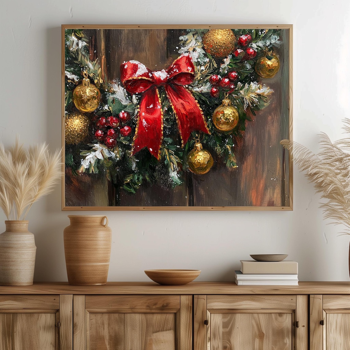 Festive Christmas Wreath Painting - Traditional Holiday Wall Art, Snow ...