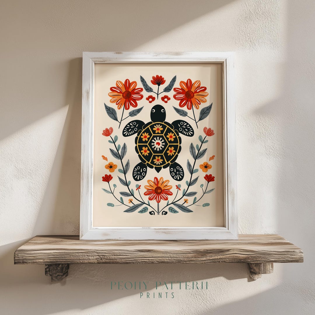 Mexican Turtle Folk Art Print - Turtle and Marigold Design, Vibrant ...
