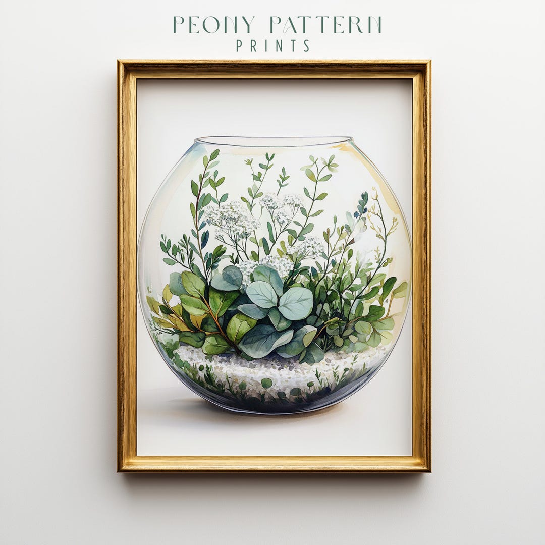 Glass Bowl Terrarium Watercolour Art - Soft Eucalyptus Leaf Botanical ...