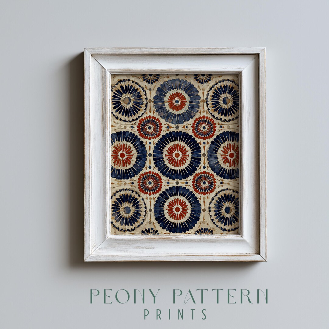 Moorish Tile Wall Art Printable - Hand Painted Red and Navy Blue Radial ...