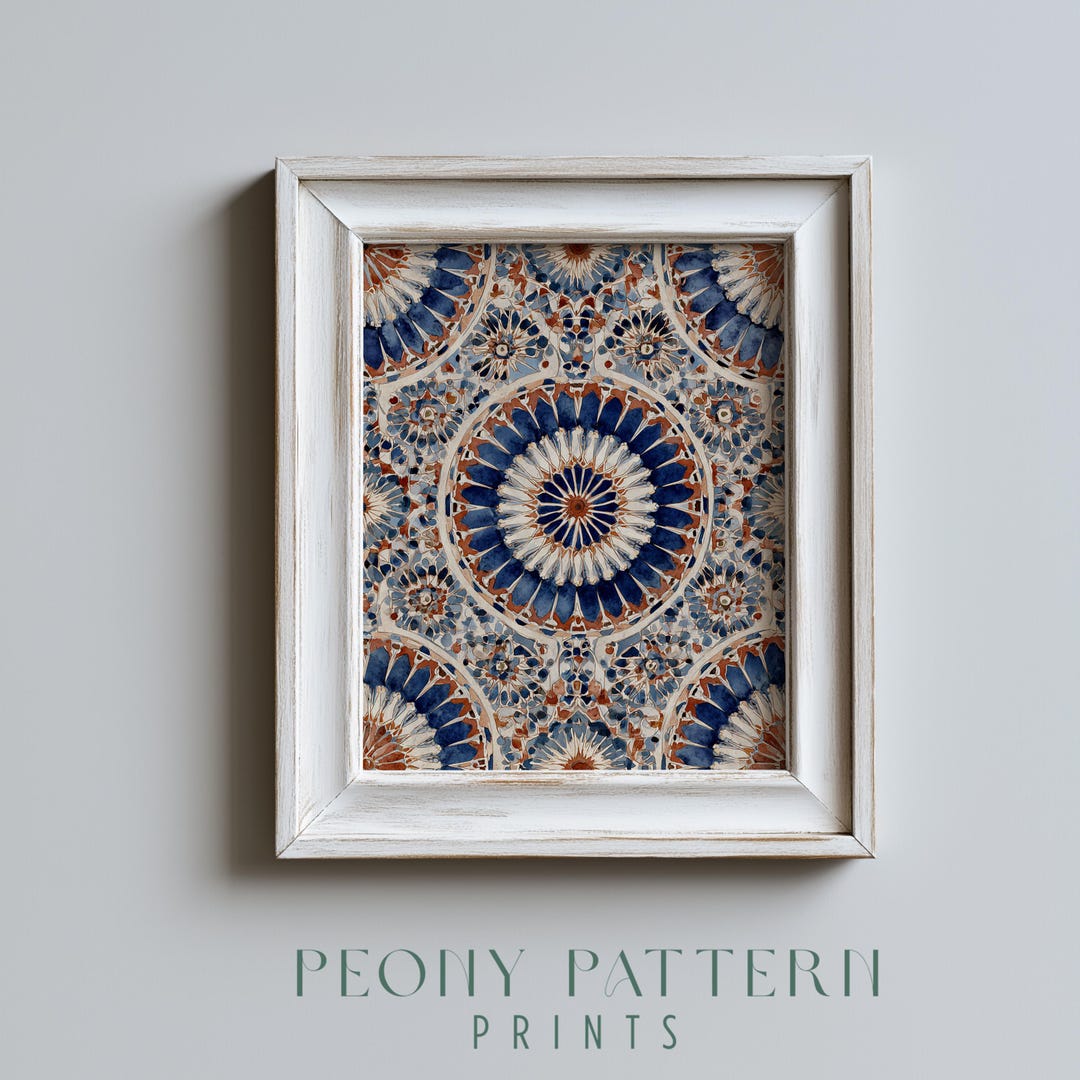 Handpainted Moorish Tile Design Print - Ornate Radial Medallions and ...