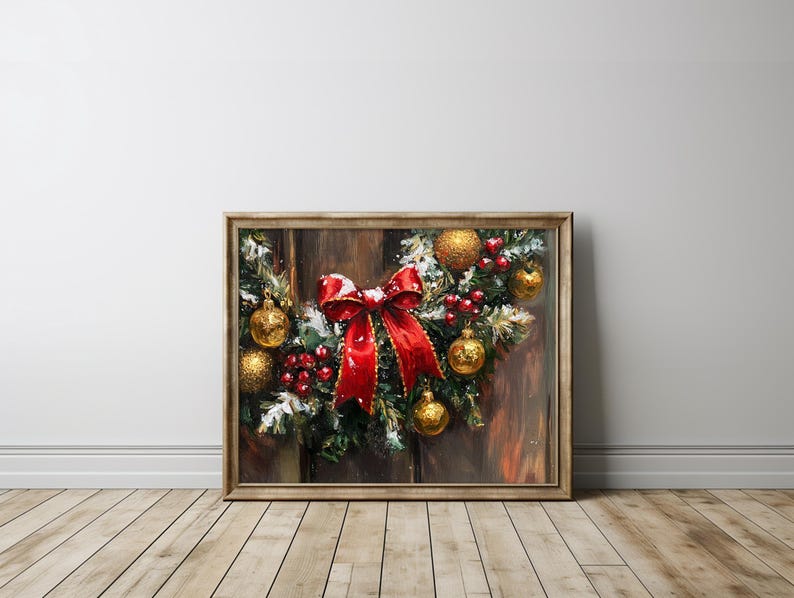 Festive Christmas Wreath Painting - Traditional Holiday Wall Art, Snow ...