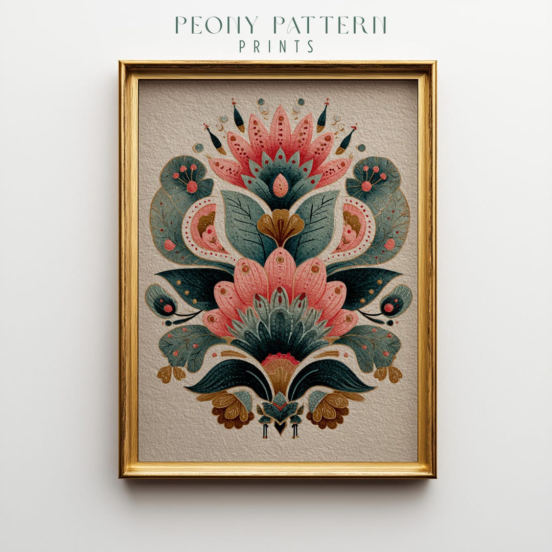 Spring Folk Floral Crest Gouache – Symmetrical Botanical Motif ...