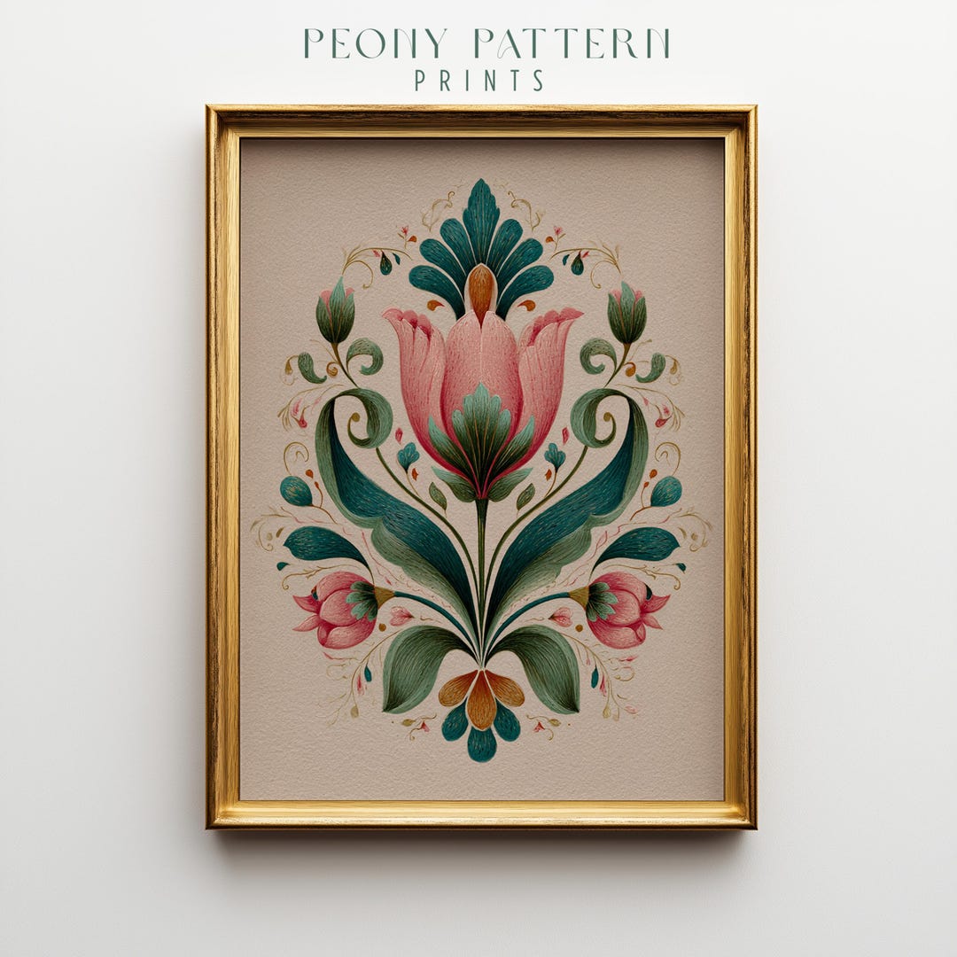 Traditional Spring Folk Floral Gouache – Symmetrical Emblem Motif ...