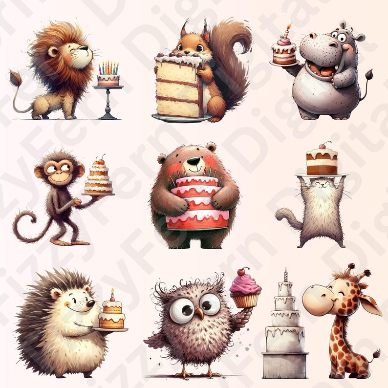 Watercolor Animal Birthday Clipart | Cake PNG Bundle (digital Download ...