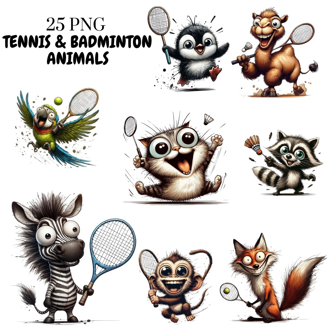 Watercolor Tennis Badminton Animals Clipart Bundle (digital Download ...