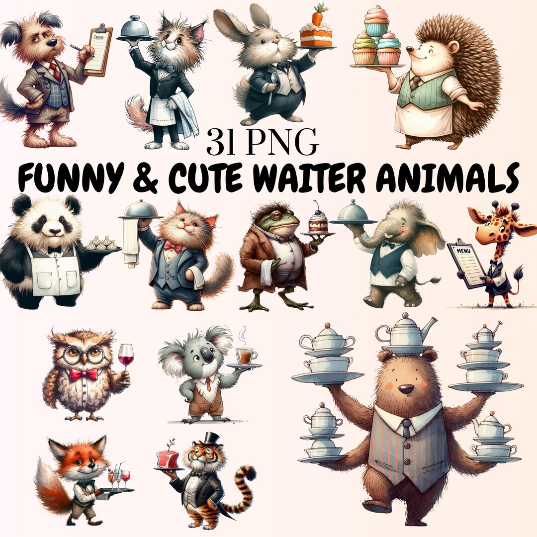 31 Waiter Animals Clipart Bundle PNG | Cute Serving Food Animals ...