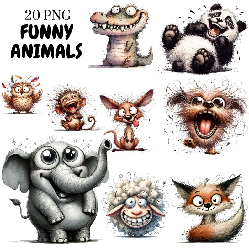 Funny Animals Clipart Bundle: Watercolor Illustrations (digital ...