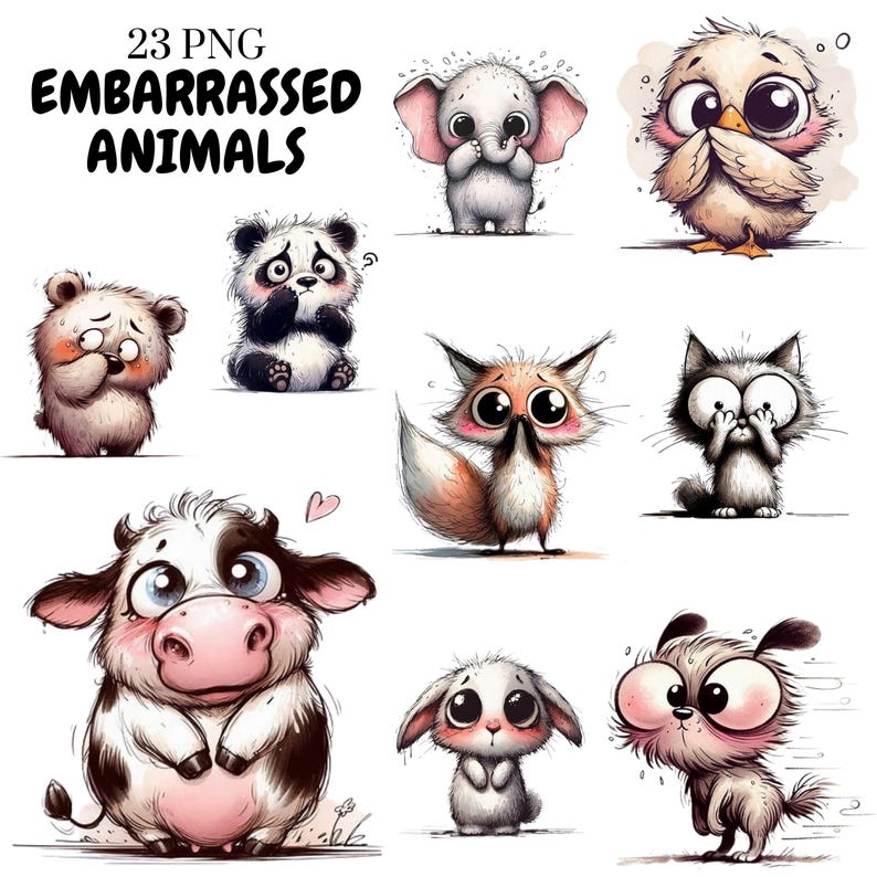 23 Embarrassed Animals Clipart Bundle - Cute Blushing Animals PNG - Shy ...