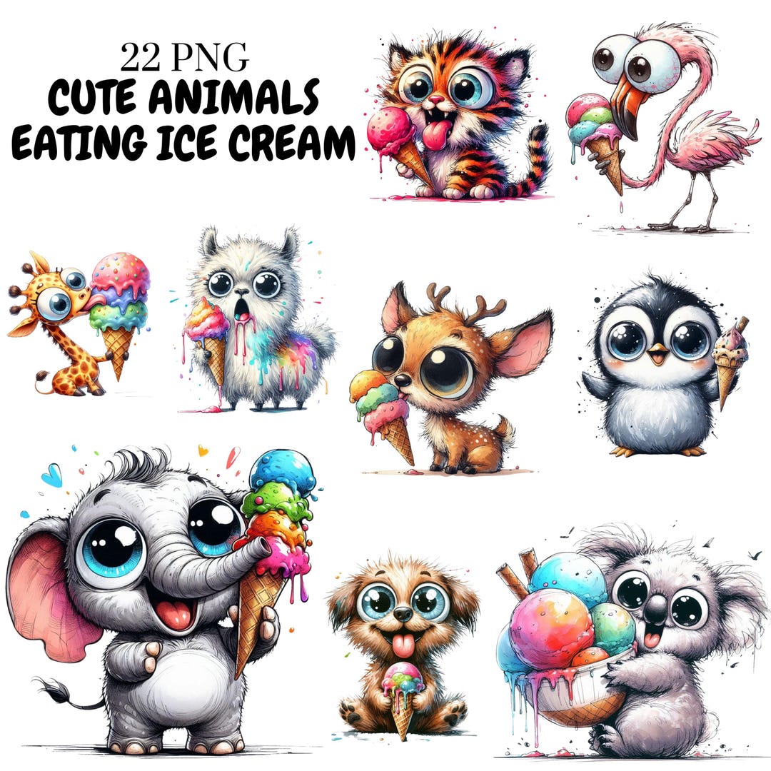 22 Cute Animals Eating Ice Cream Clipart Bundle - Summer Sweet Treat ...