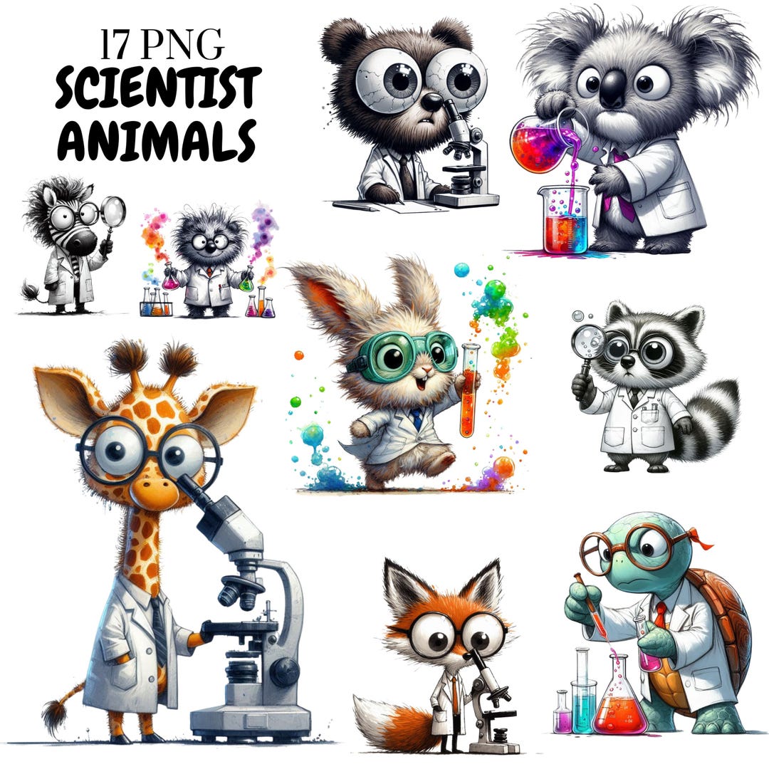 Scientist Animals Clipart Bundle: Watercolor Science Pngs (digital ...