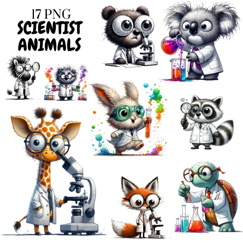 Scientist Animals Clipart Bundle: Watercolor Science Pngs (digital ...