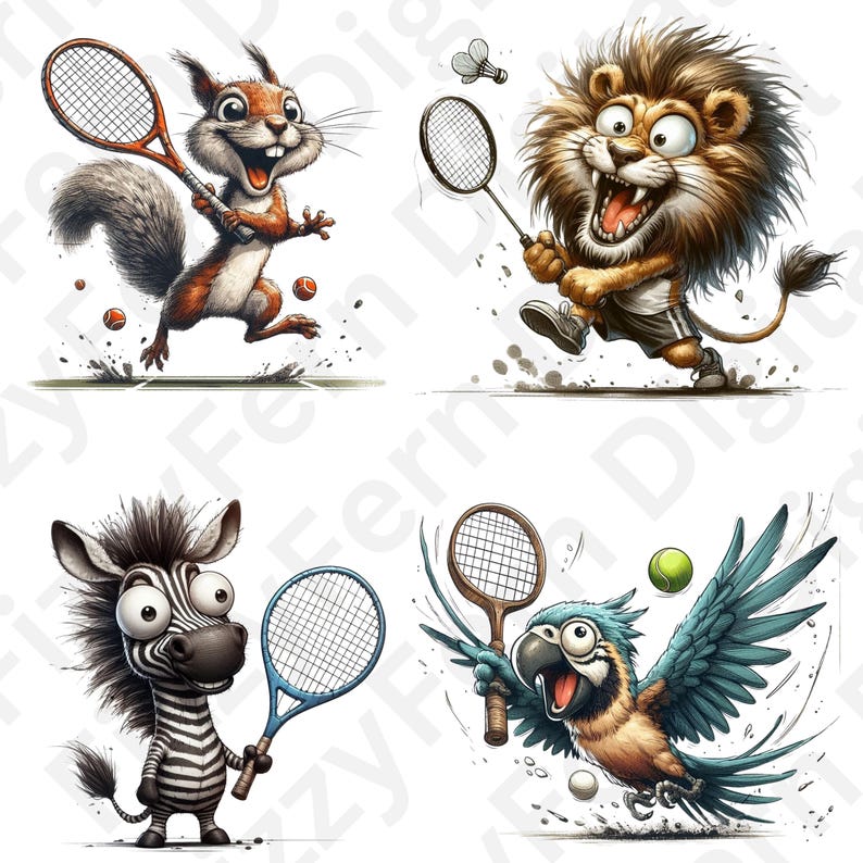 Watercolor Tennis Badminton Animals Clipart Bundle (digital Download ...