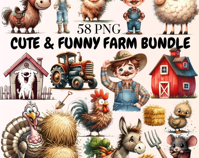 Funny Farm Animals Clipart Bundle: Watercolor PNG Images (instant ...