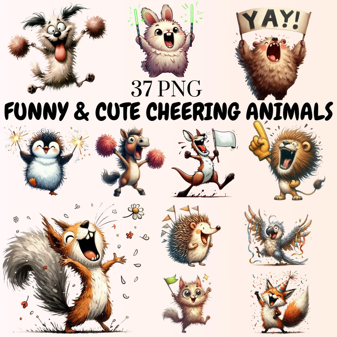 37 Funny & Cute Cheering Animals Clipart Bundle | Baby Shower Animal ...