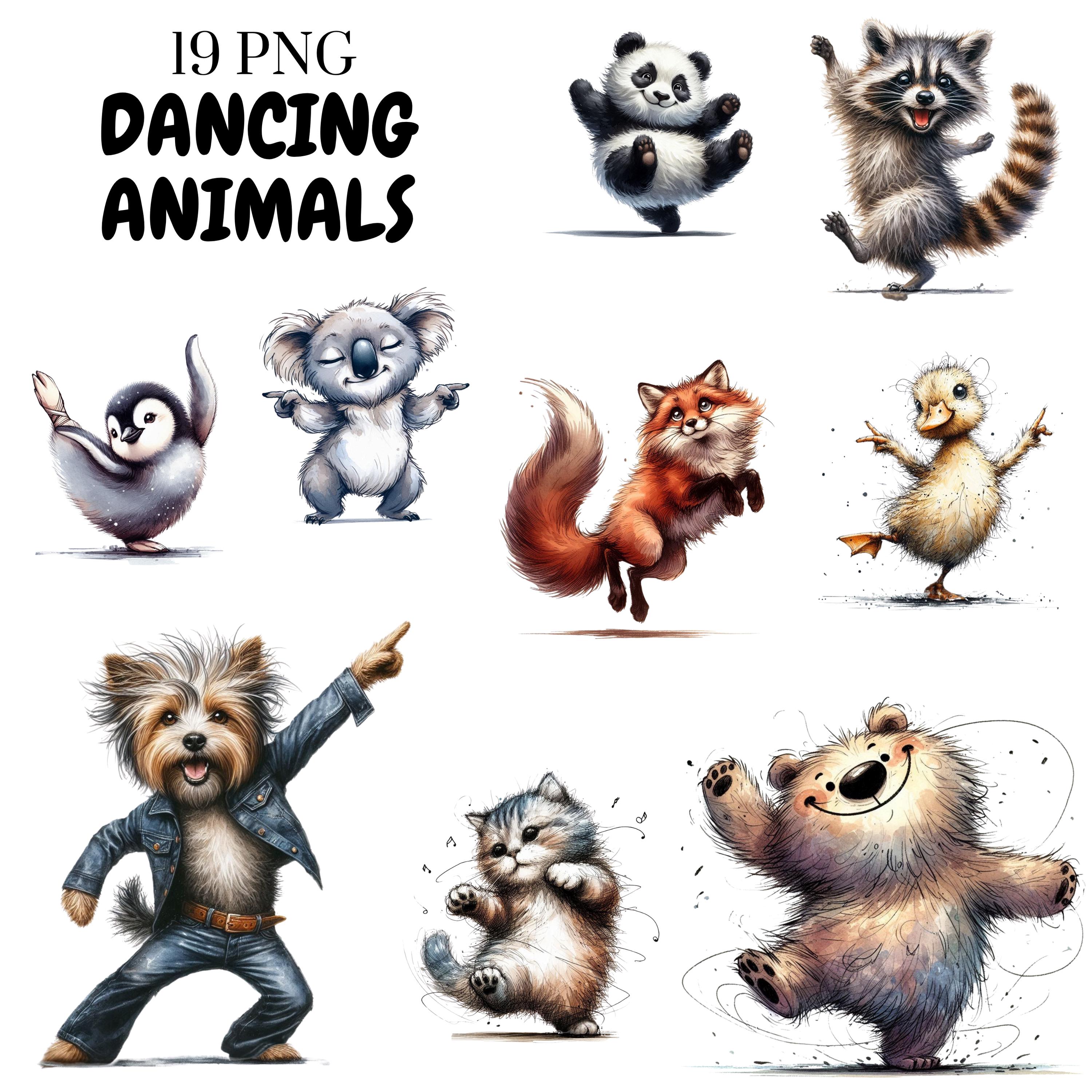 Dancing Animals Clipart: 19 Watercolor Party PNG Illustrations (digital ...