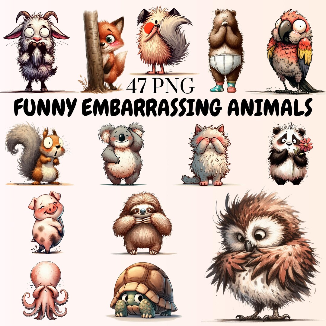 Funny Embarrassed Animals Clipart Bundle: PNG & JPG (digital Download ...