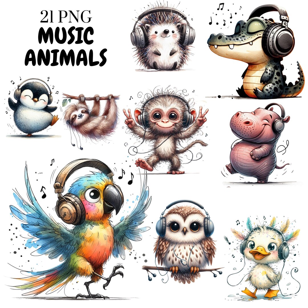 Watercolor Music Animals Clipart Bundle, Musical Instruments (digital ...