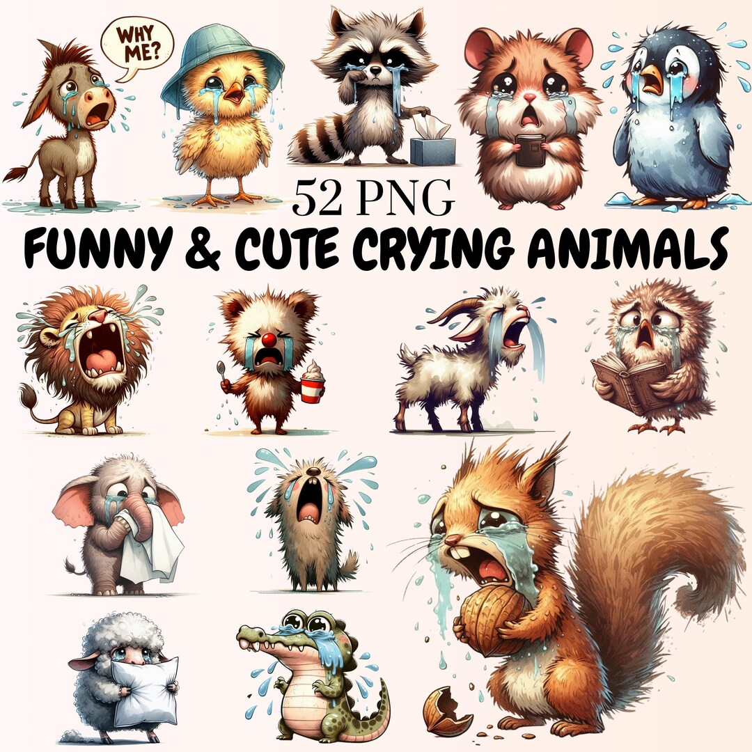 Funny Crying Animals Clipart Bundle: PNG & JPG (digital Download ...