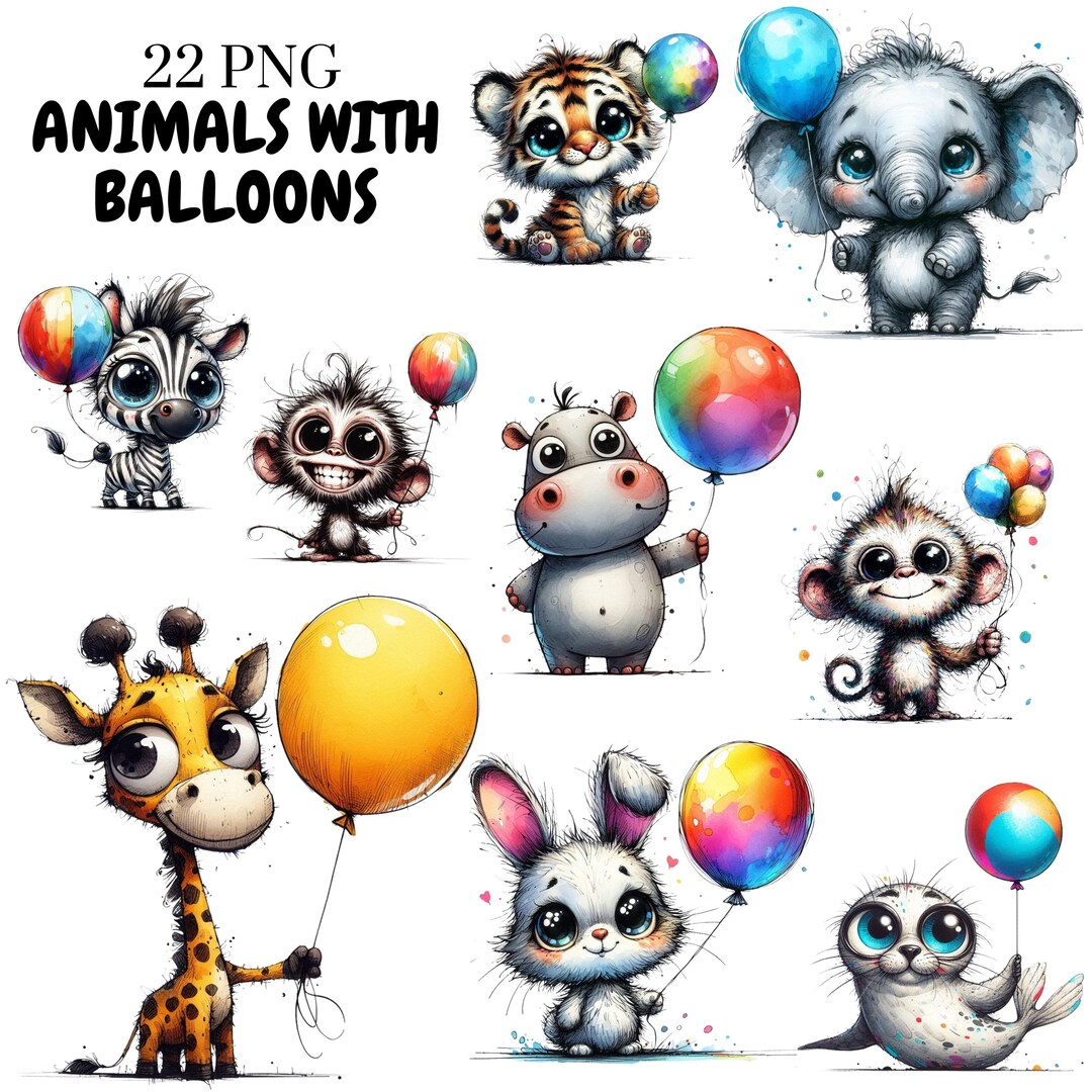 Animals With Balloons Clipart Bundle: Watercolor Party PNG (digital ...