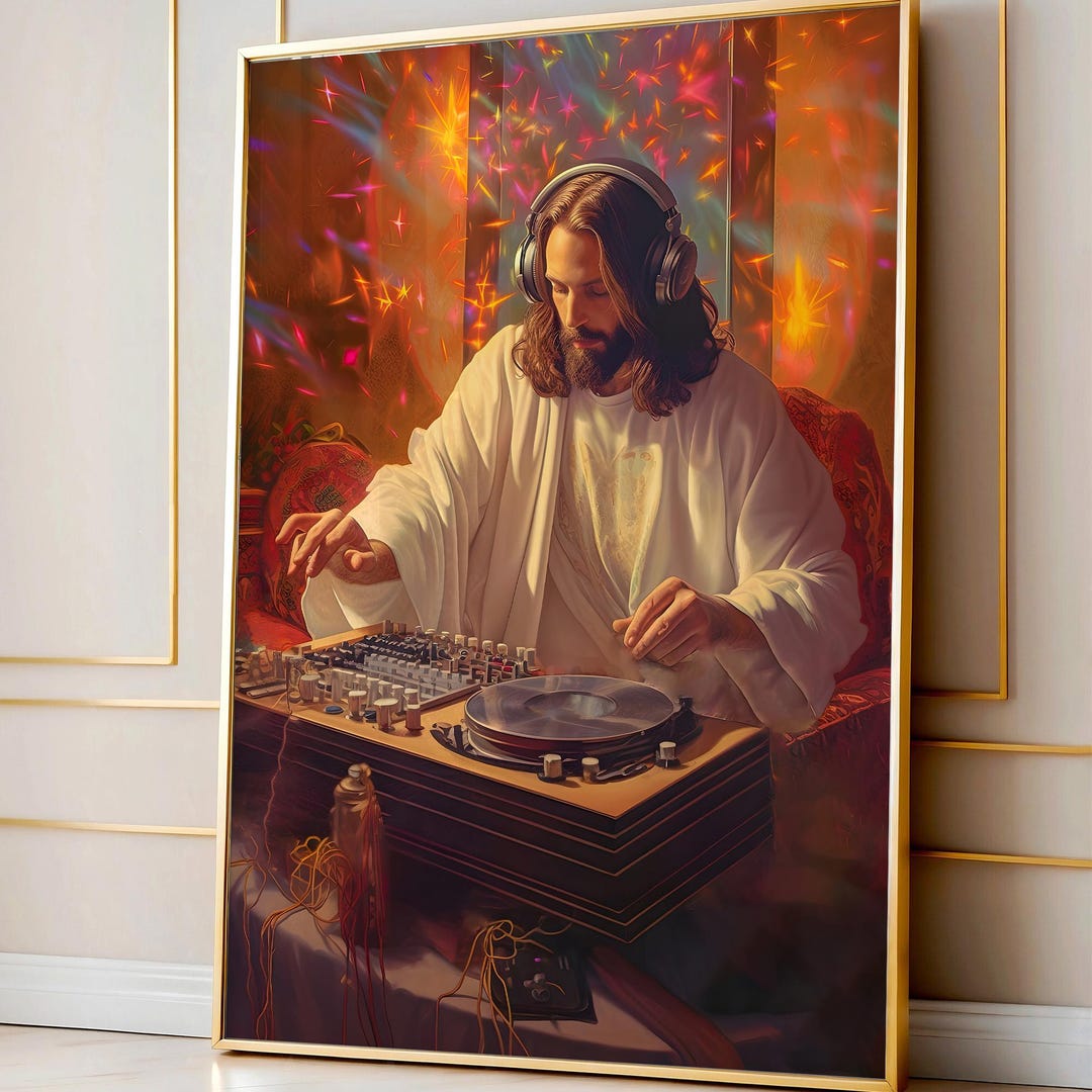 Jesus DJ Digital Poster, Funny Christian Pop Art Wall Art, Retro Rave ...