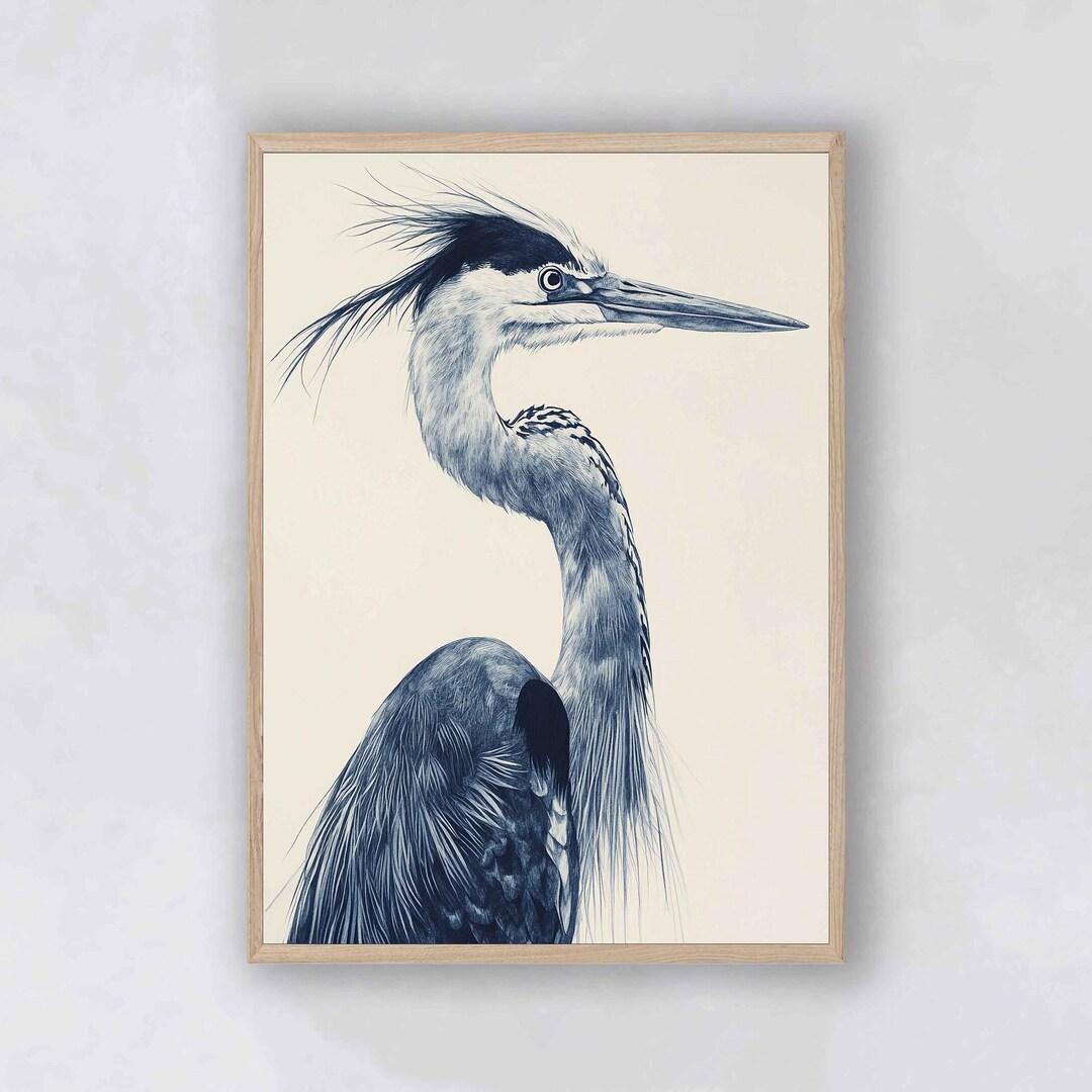 Vintage Blue Heron Sketch Art Print: Minimalist Nautical Bird ...