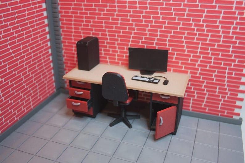 Computer Desk, Chair & Monitor Set for Dollhouse or Diorama | 1/18 | 1/ ...