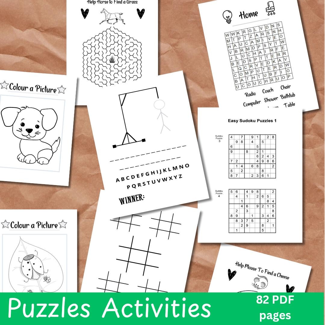 Kids Puzzle Printables Activity Book Mazes Sudoku Tic Tac Toe Hangman ...