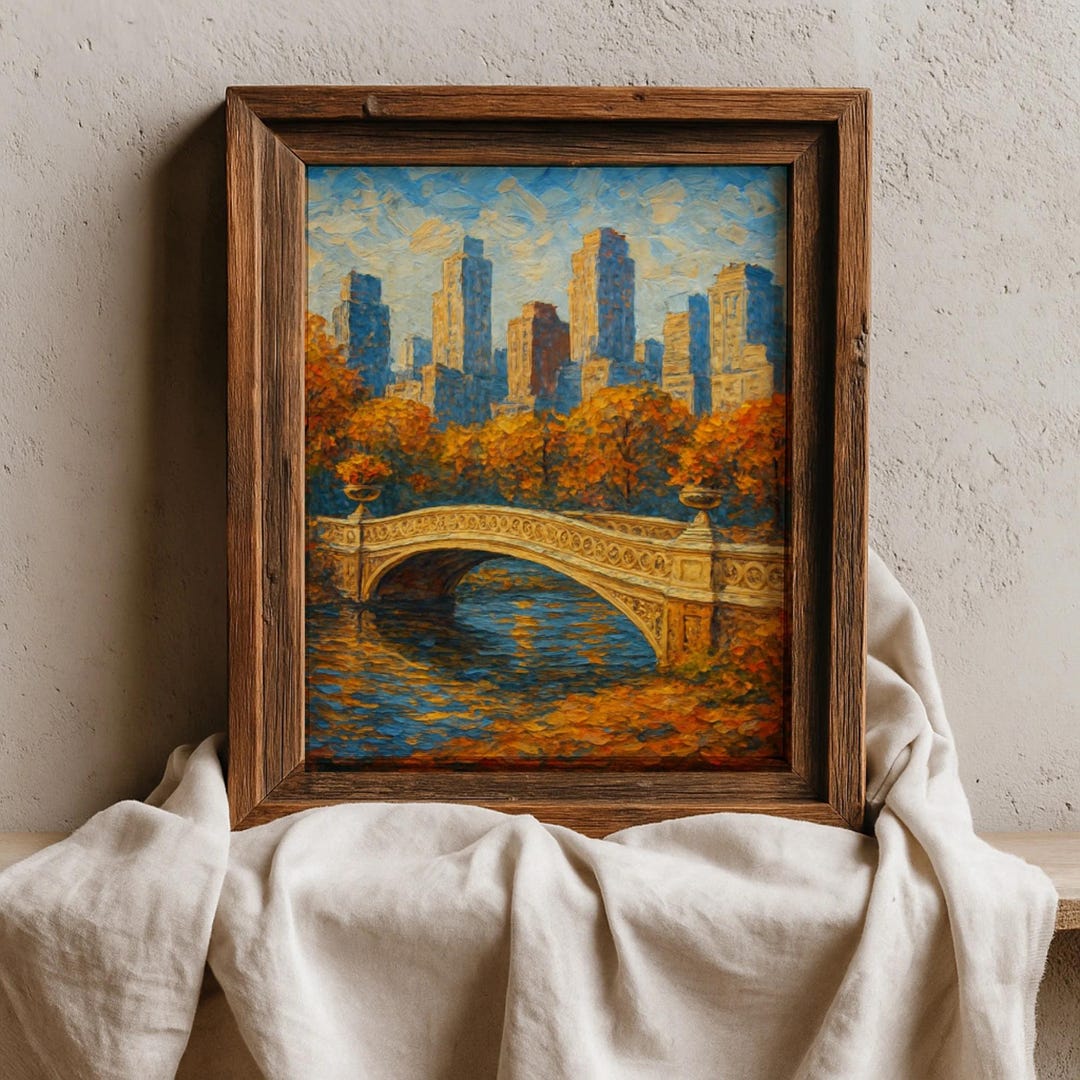 Central Park Bow Bridge Realistic Impasto Art Print, NYC Impressionism ...