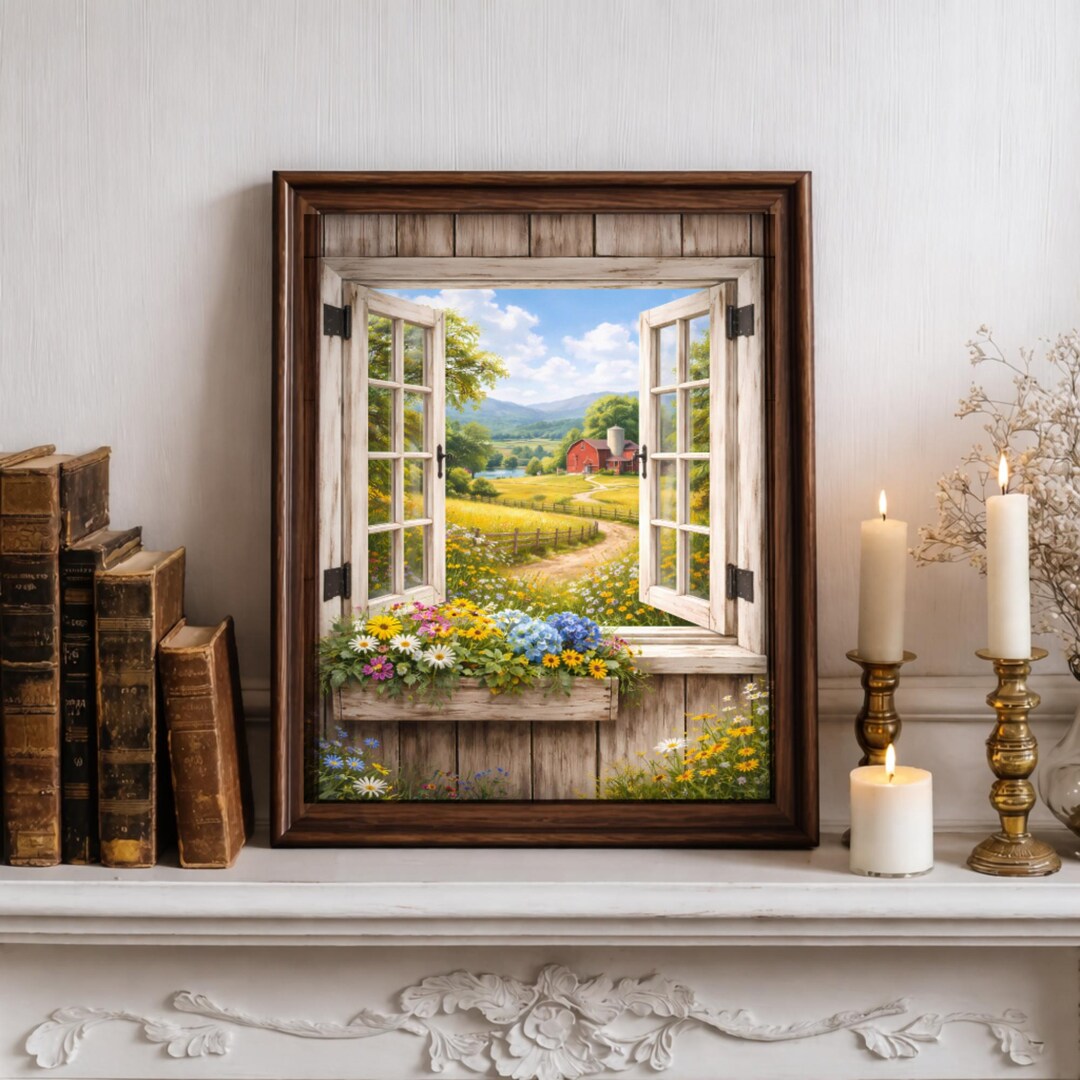 Farmhouse Window View Art Print, Rustic Landscape, Wildflower Meadow ...