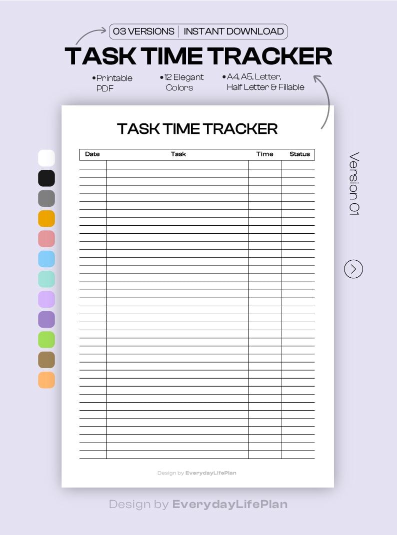 Task Time Tracker Printable PDF, Daily Work Log Template, Fillable Productivity Planner, A4 A5 ...